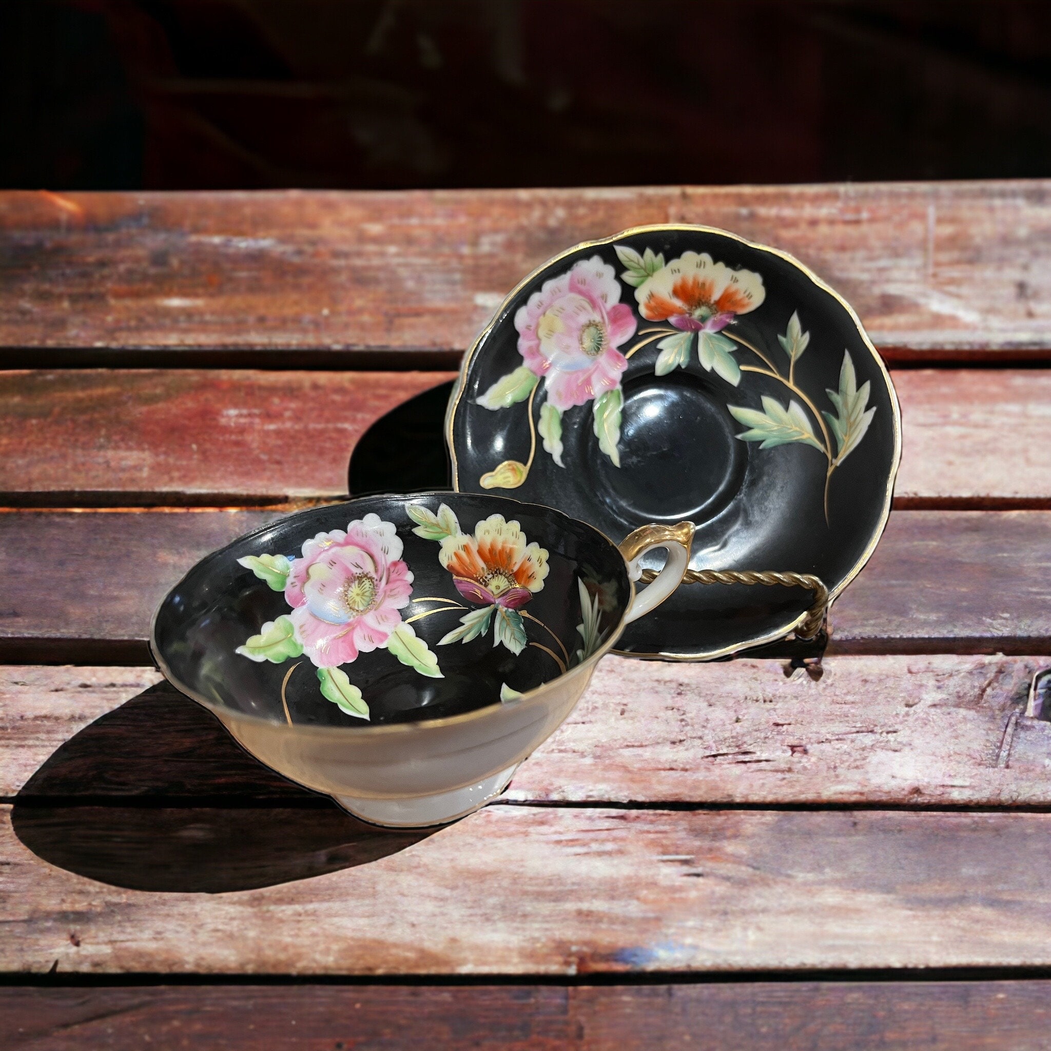 Vintage Lenwile Ardalt 6194 Teacup and Saucer Occupied Japan Black With Flowers Collectible - Etsy