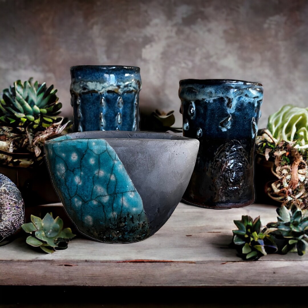 Hand Crafted Studio Art Pottery Vessels, Cups, Pencil Holders, Nature Inspired Trio Signed - Etsy