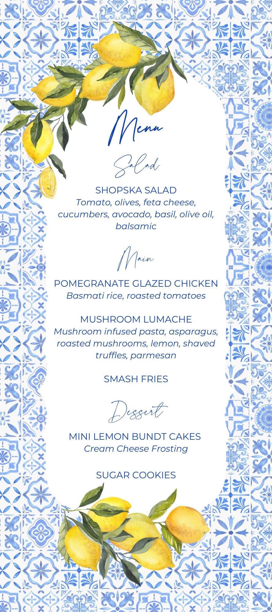Italian, Amalfi Coast Theme, Blue Tile MENU FOR Wedding, Bridal Shower ...