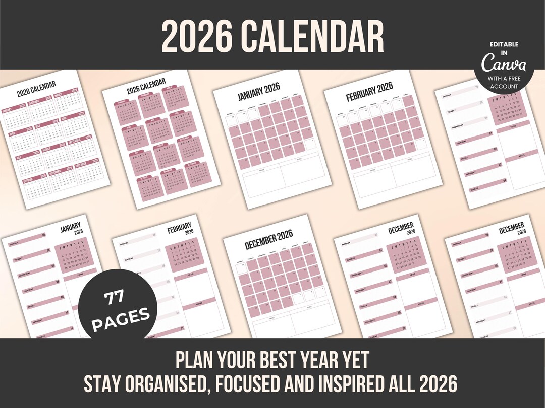 2026 Calendar Printable: Weekly, Monthly Planner (canva Template) - Etsy