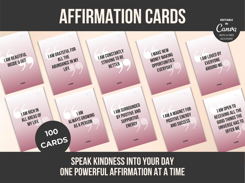 100 Affirmation Cards Printable Canva Template | Positive Quote Cards ...