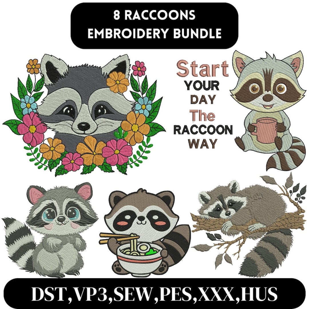 Raccoon Embroidery Design, Adorable Raccoon Embroidery, Cute Raccoon ...