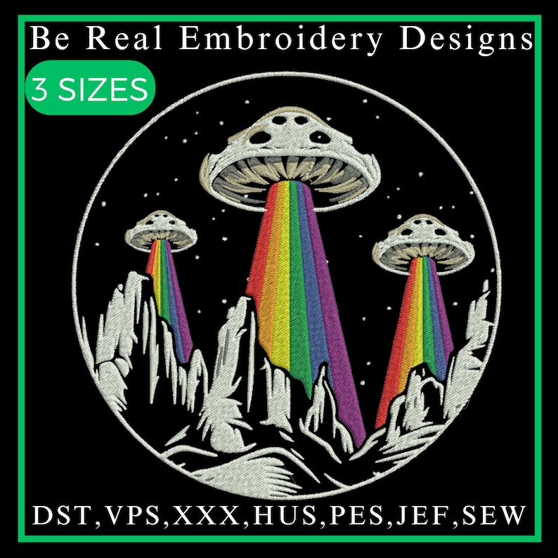 Alien Embroidery Design, Spaceship Embroidery, UFO Embroidery, Rainbow Embroidery, Alien Face ...