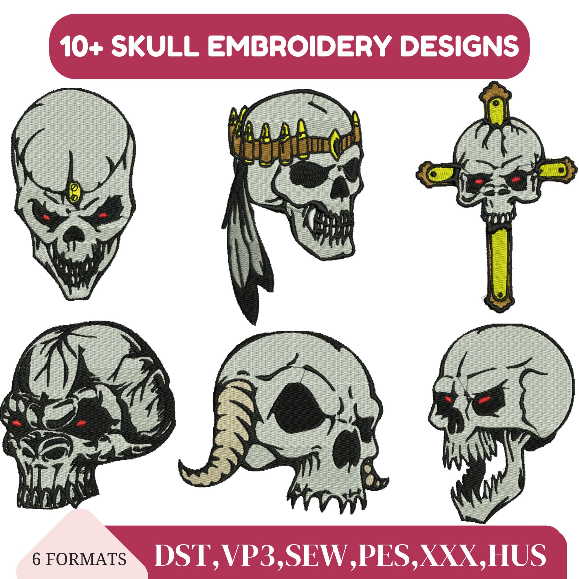 Skull Embroidery Design, Cool Skull Embroidery, Brutal White Skull ...