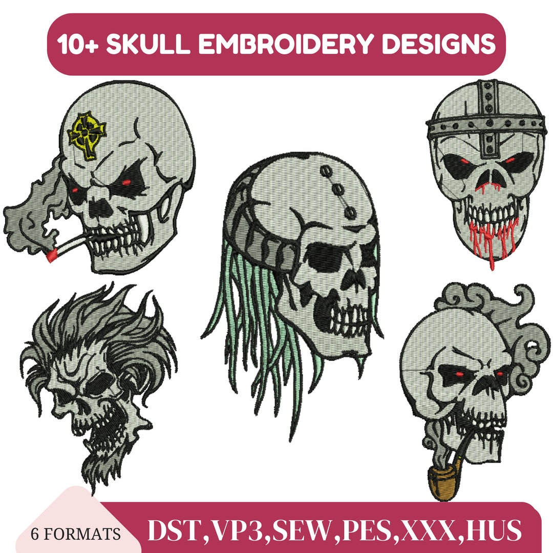 Skull Embroidery Design, Cool Skull Embroidery, Brutal White Skull ...