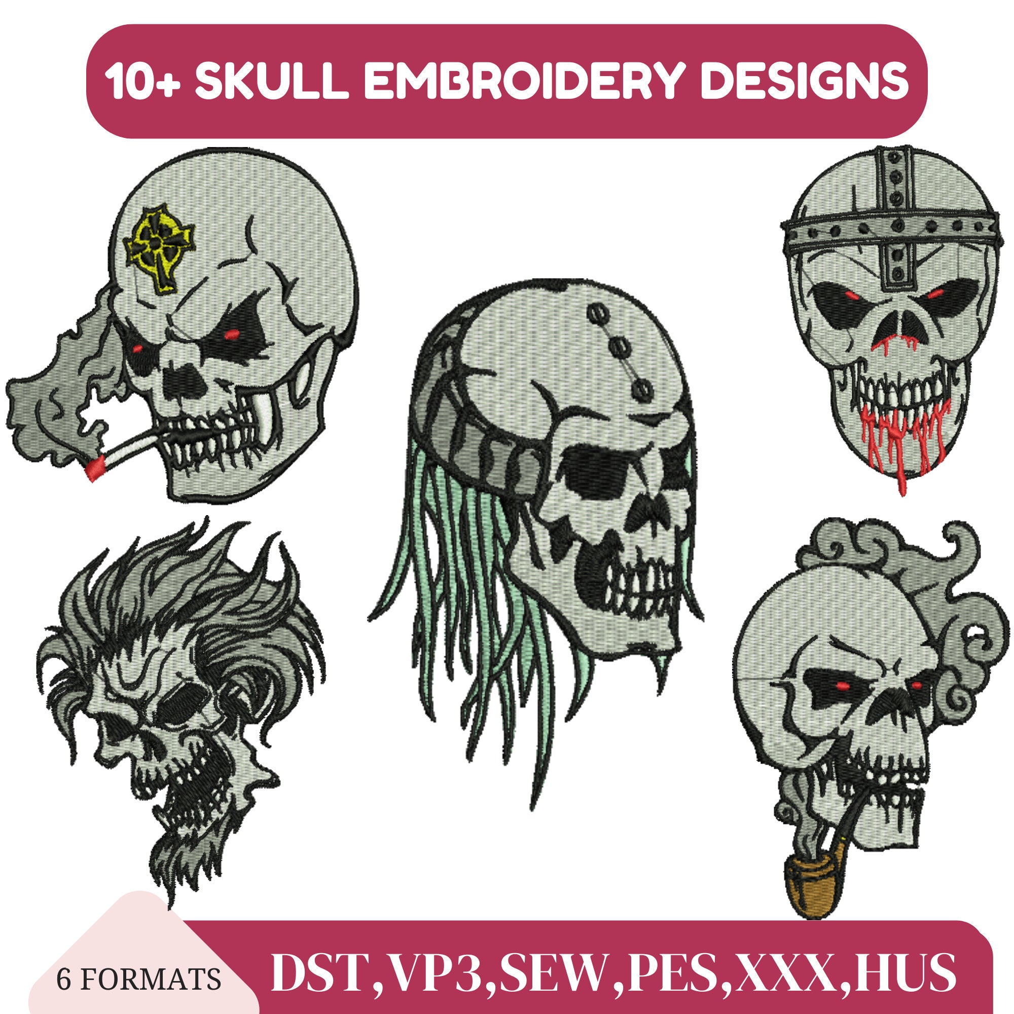 Skull Embroidery Design, Cool Skull Embroidery, Brutal White Skull ...