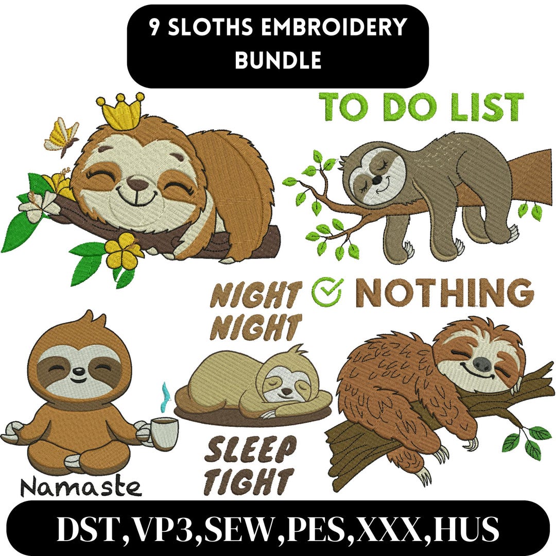 Sloth Embroidery Design, Sleeping Realistic Sloth Embroidery, Sloth ...