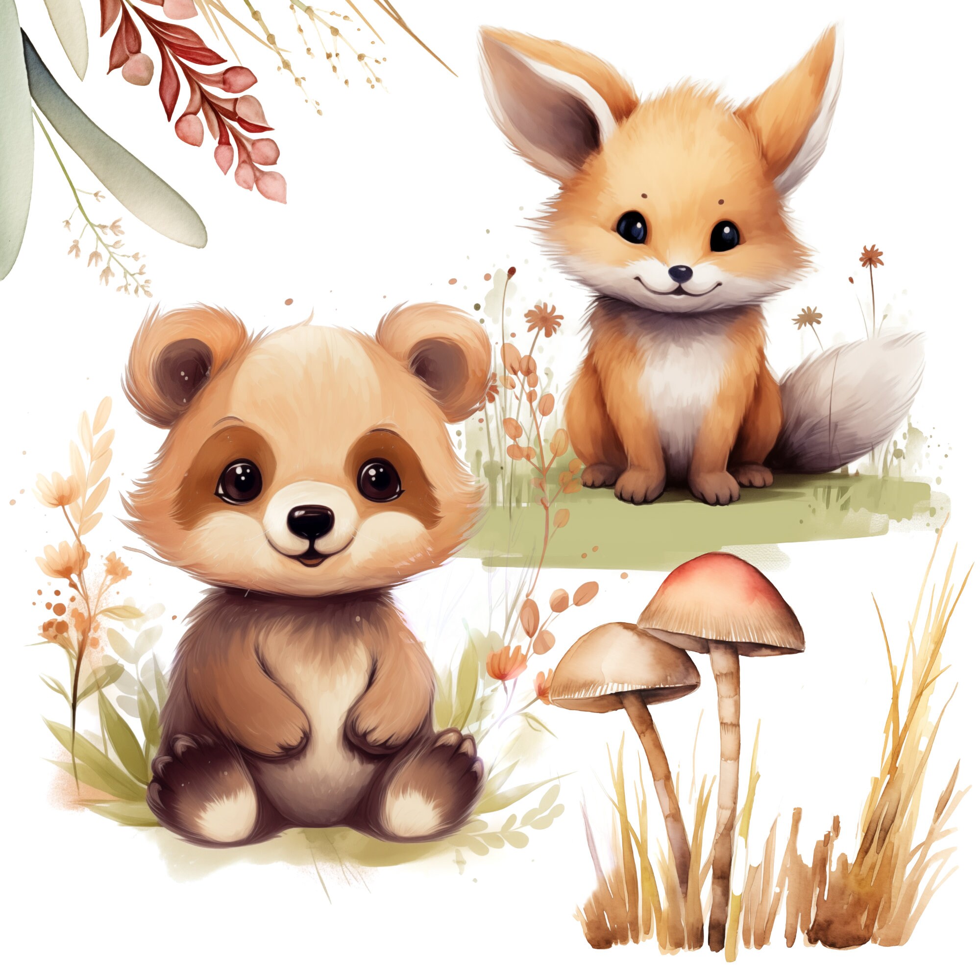 Woodland Animals Baby Shower Cute Clipart, Fox Clipart, Bear Clipart ...