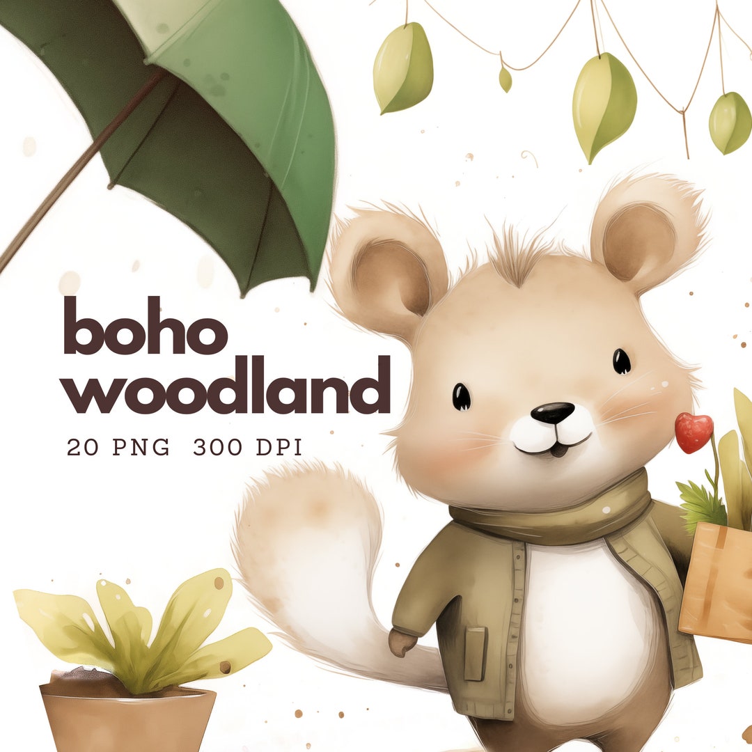 Woodland Watercolor Clipart, Nursery Wall Decor Boho Baby Shower PNG ...