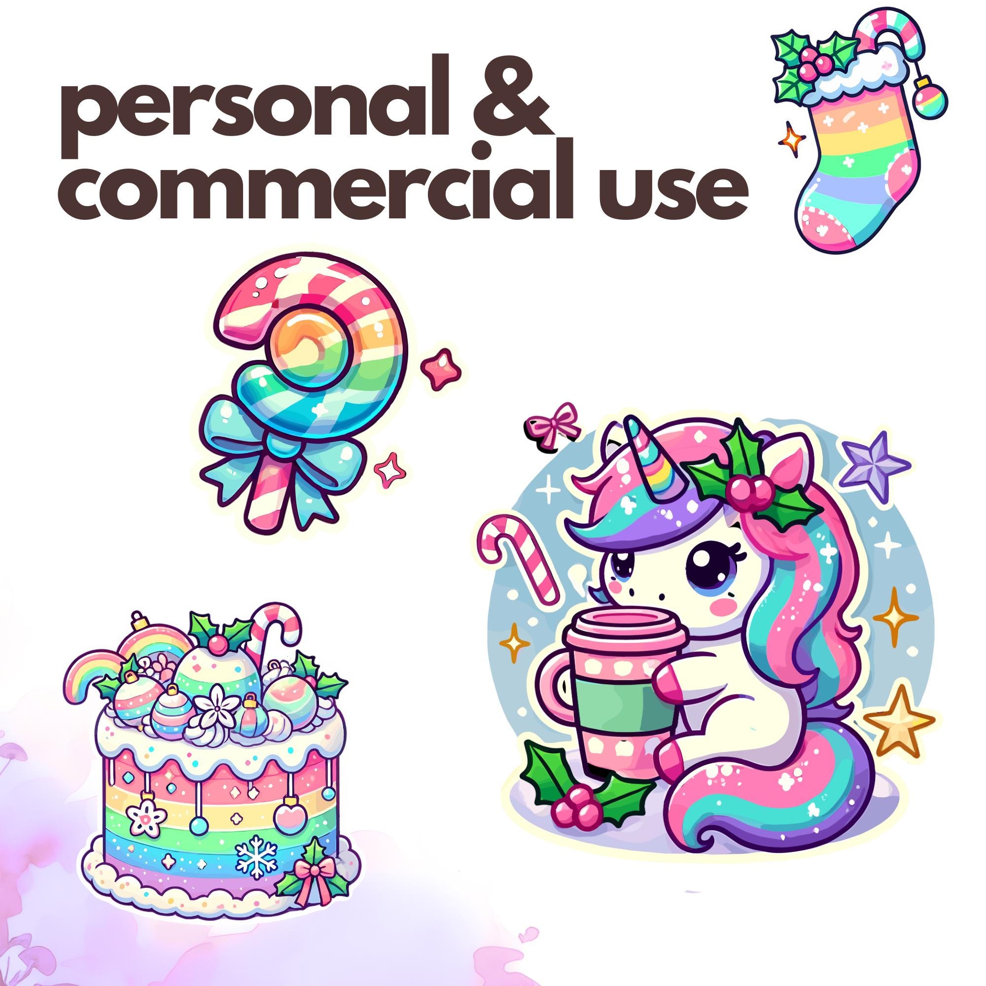 Rainbow Unicorn Stickers, Unicorn PNG, Merry Christmas SVG, Kawaii ...
