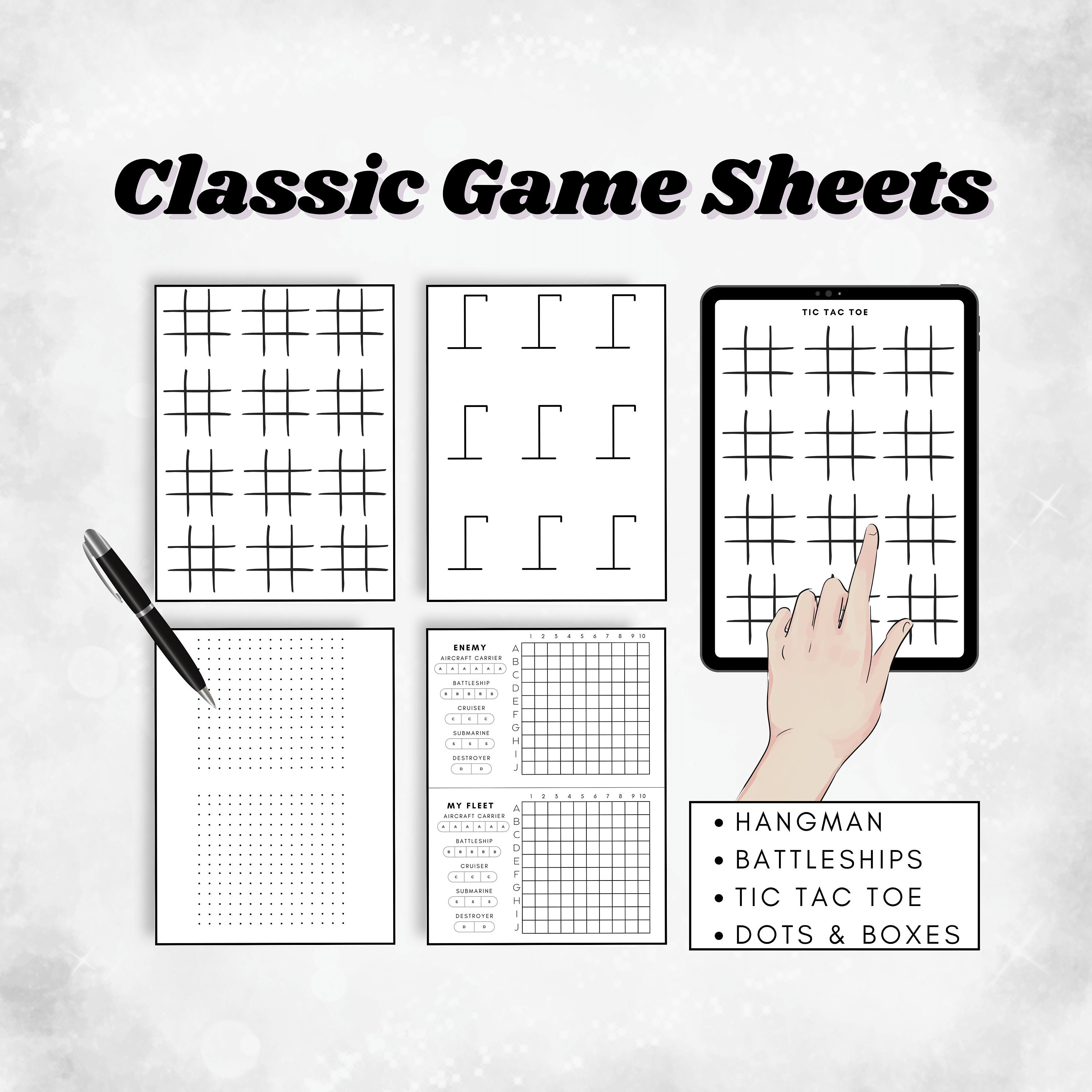 Classic Printable Games Set, Tic Tac Toe, Battleships, Dots & Boxes ...