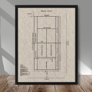 Tennis Court Print, Tennis Court Diagram Poster, Tennis Field Poster ...