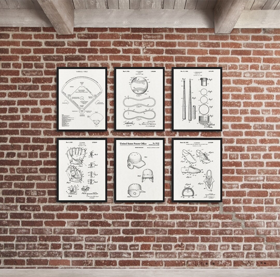 Baseball Patent Set of 6 Prints, Baseball Field Poster, Baseball Patent ...