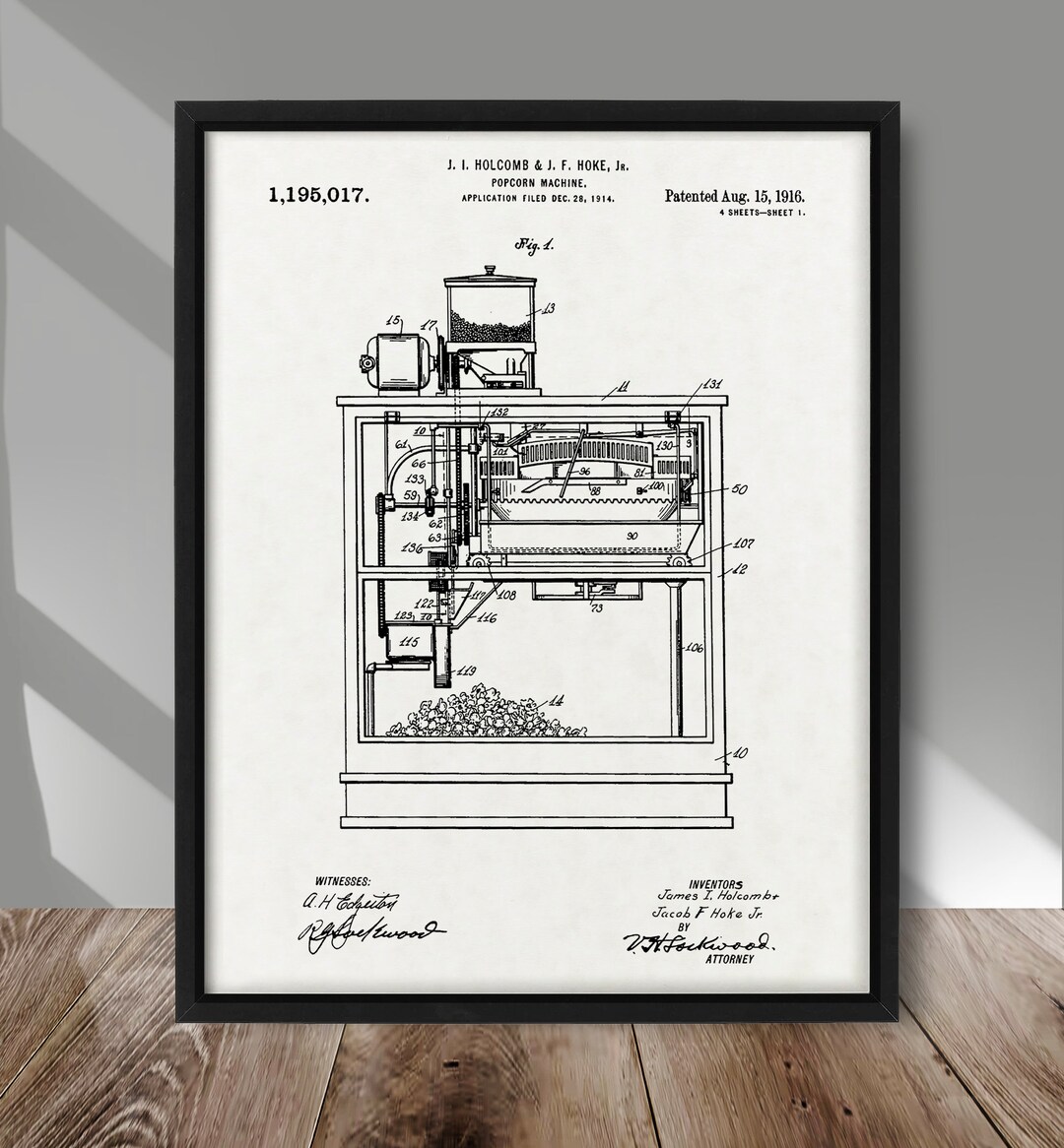 Popcorn Machine Patent Poster, Vintage Movie Popcorn Machine Patent ...