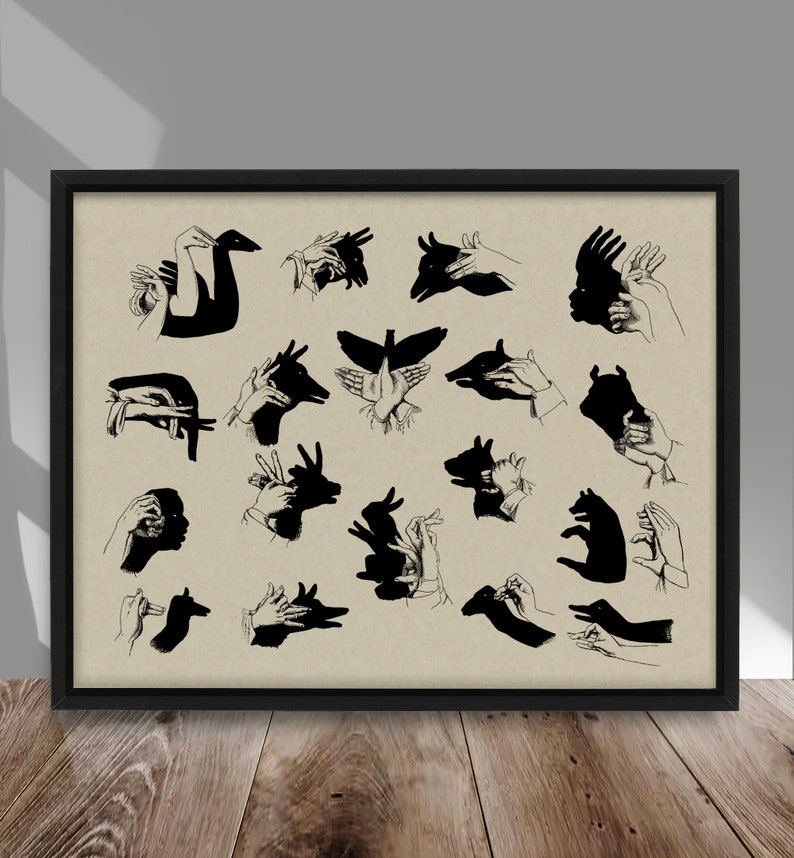 Hand Shadows Drawing Poster, Animal Hand-shadow Print, Hand Shadows ...