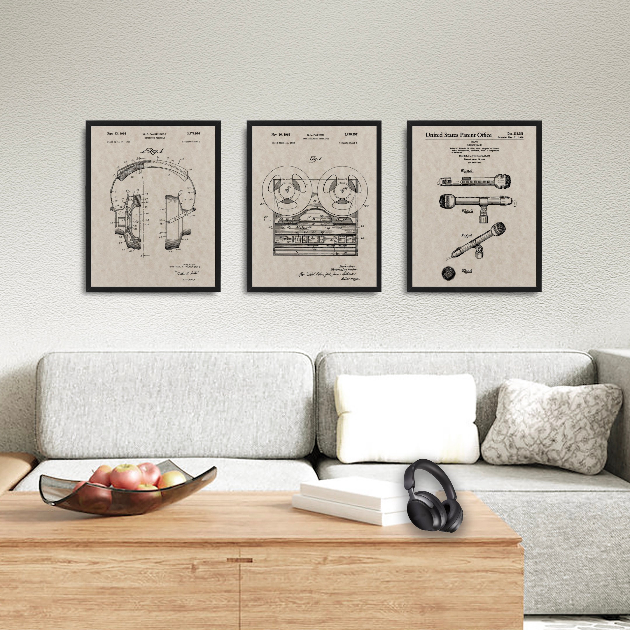 Audio Music Patent 3 Poster Set, Vintage Headphone Patent Print, Reel ...