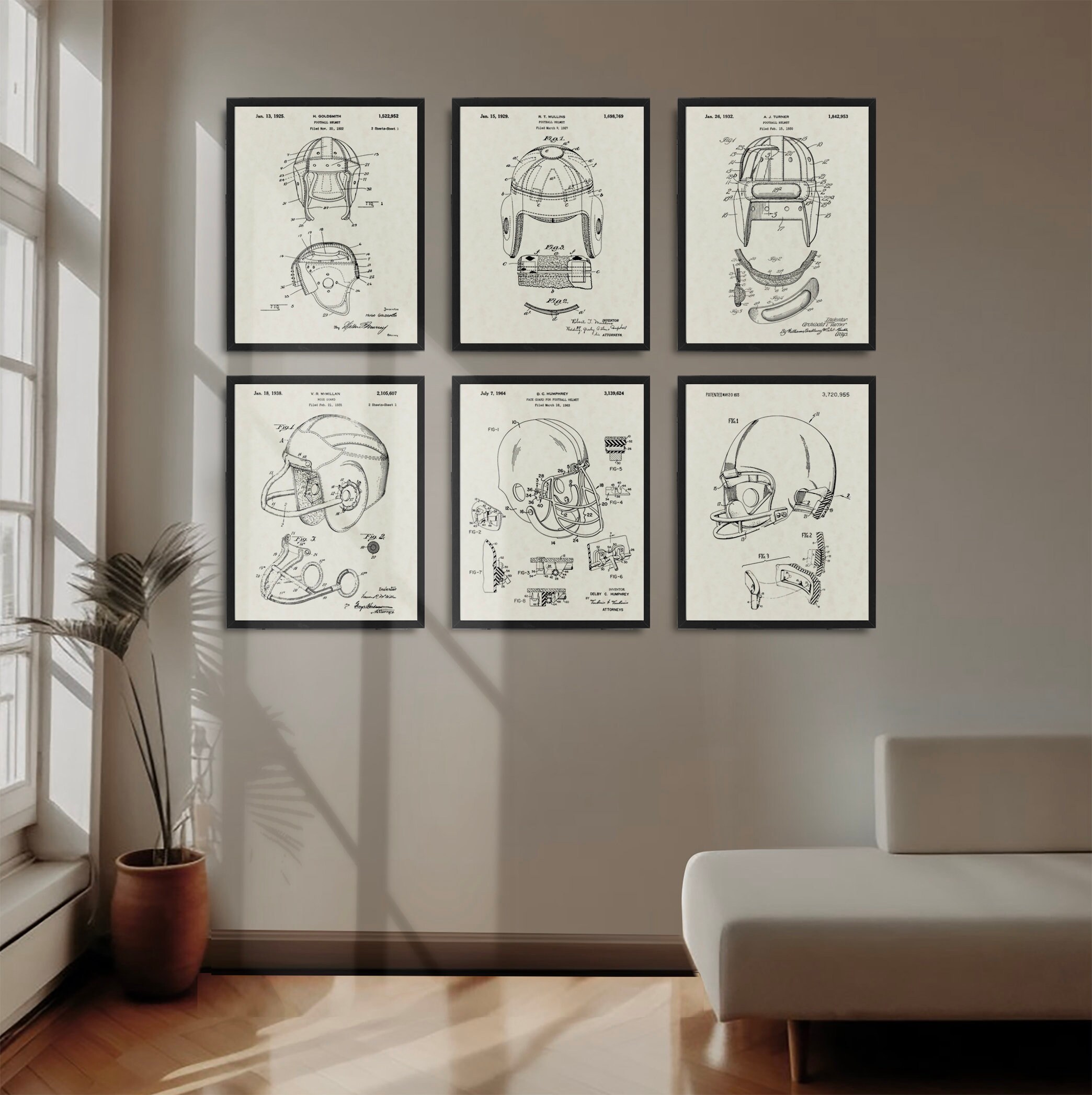 Football Helmet Set of 6 Patent Prints, American Football Helmet Poster ...