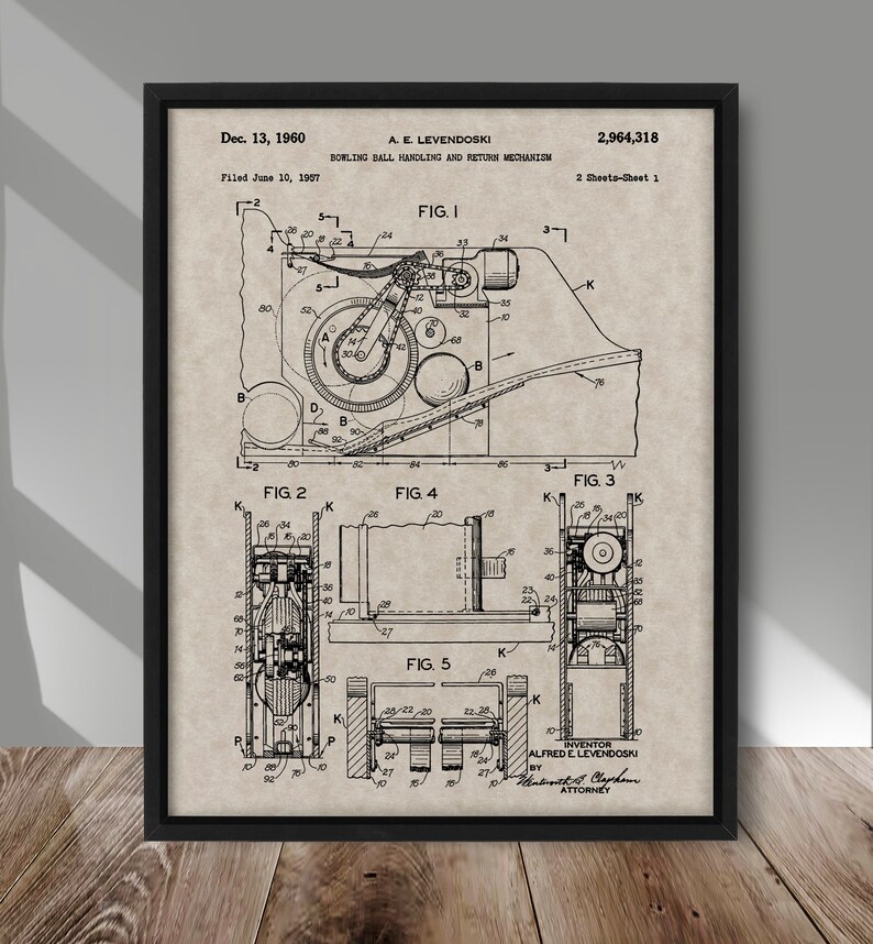 Bowling Ball Return Mechanism Patent Poster, Vintage Bowling Ball ...