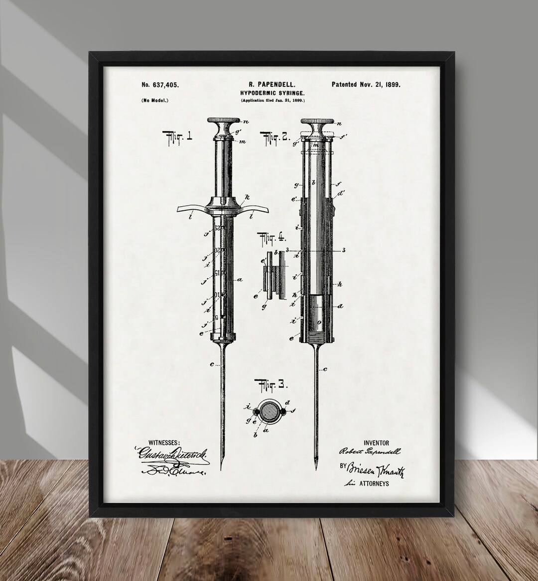 Hypodermic Syringe Patent Print, Vintage Hypodermic Syringe Patent ...