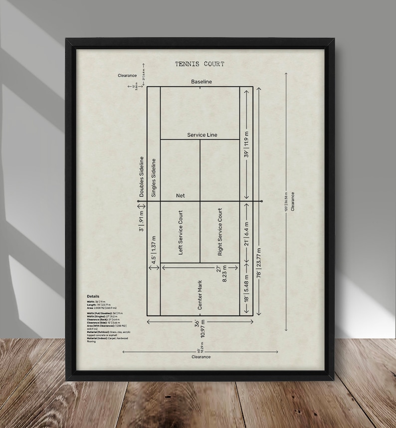 Tennis Court Print, Tennis Court Diagram Poster, Tennis Field Poster ...