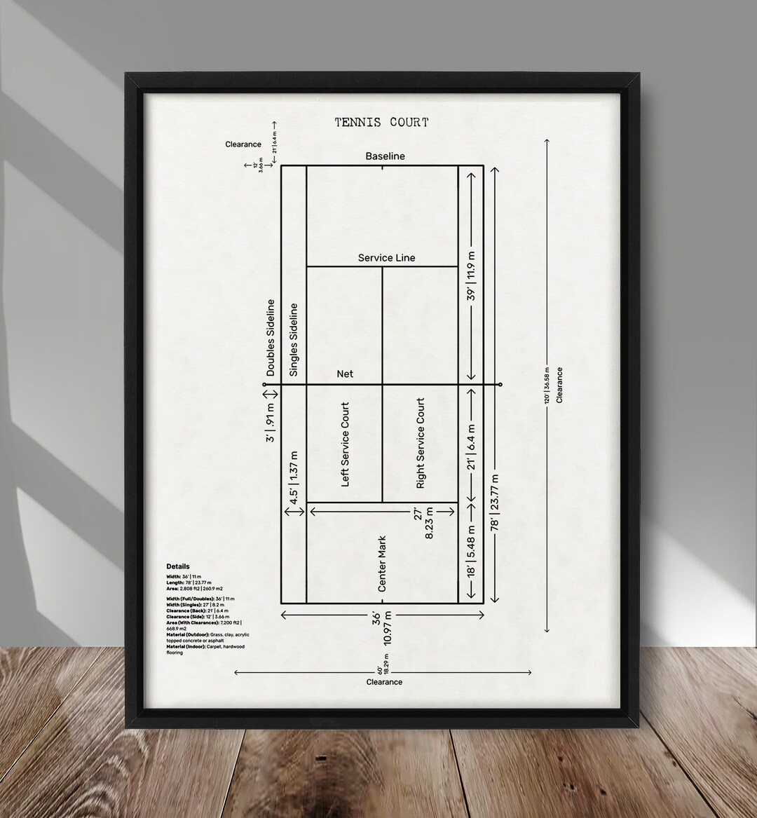 Tennis Court Print, Tennis Court Diagram Poster, Tennis Field Poster ...