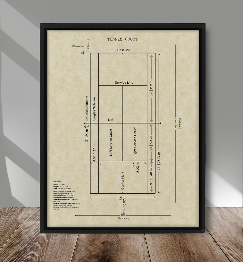 Tennis Court Print, Tennis Court Diagram Poster, Tennis Field Poster ...