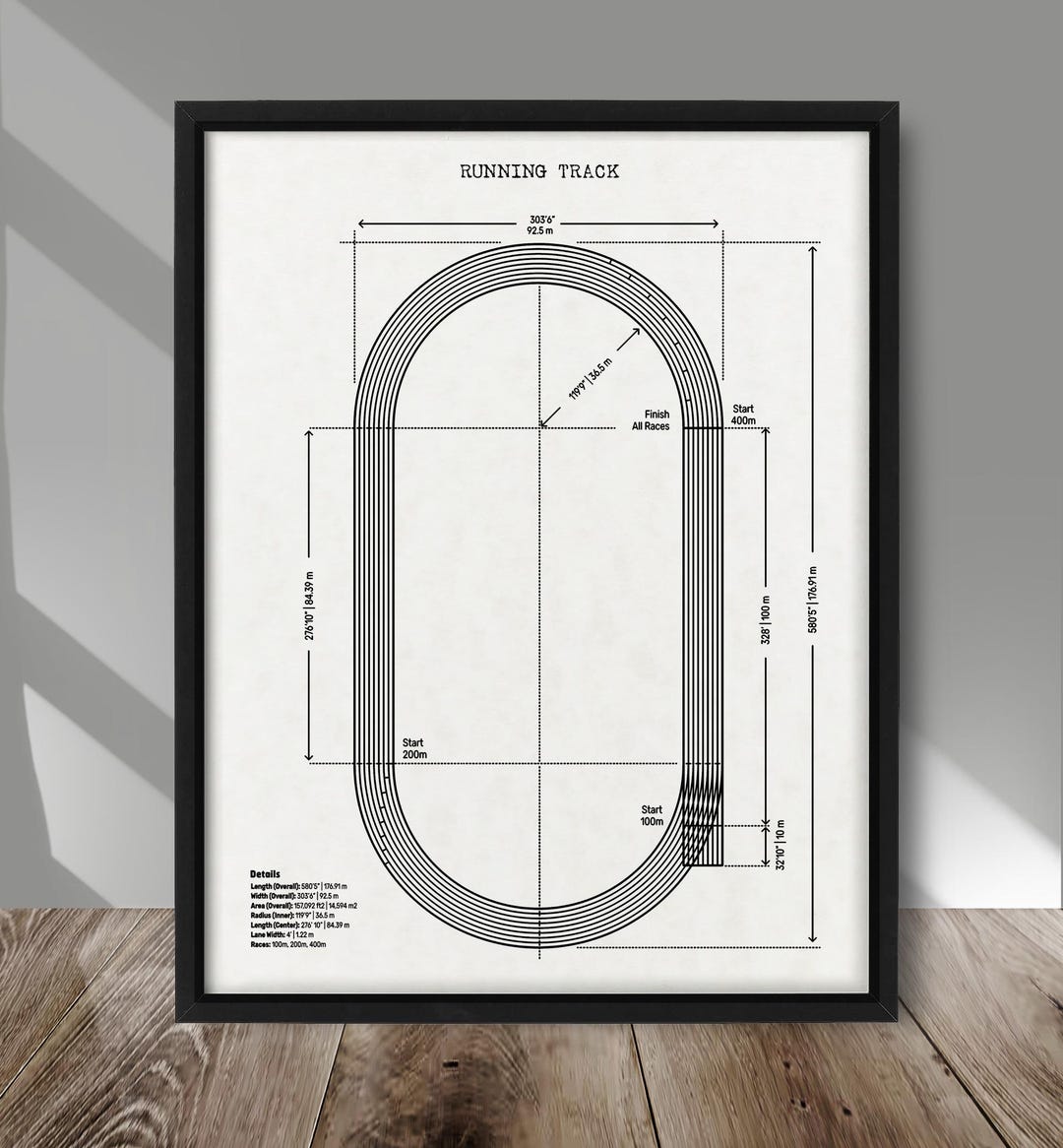 Running Track Technical Drawing Print • Track and Field Wall Art ...