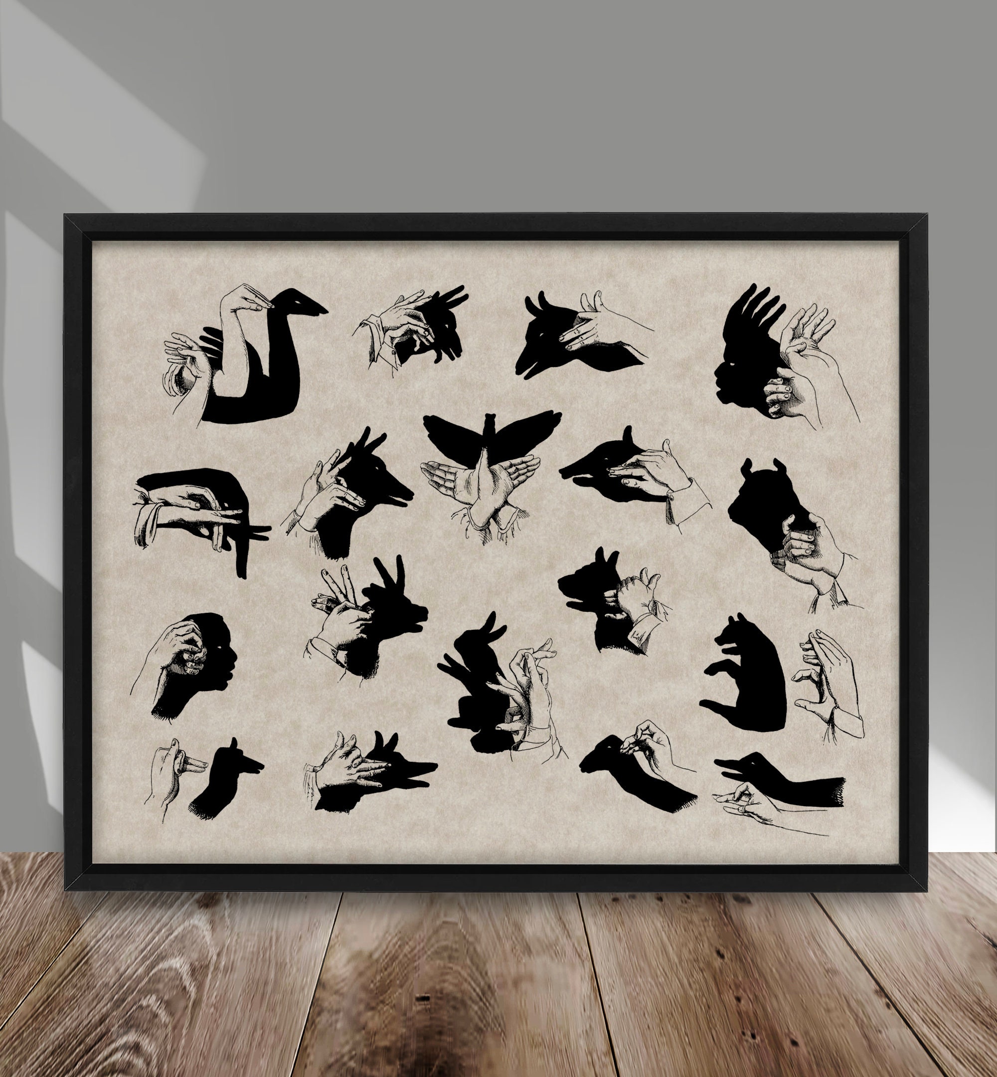 Hand Shadows Drawing Poster, Animal Hand-shadow Print, Hand Shadows ...