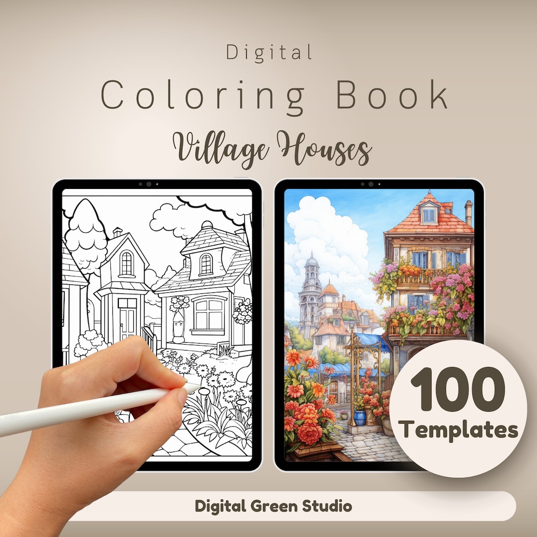 100 Village Houses Coloring Pages, Digital Adult Coloring Book, Small ...