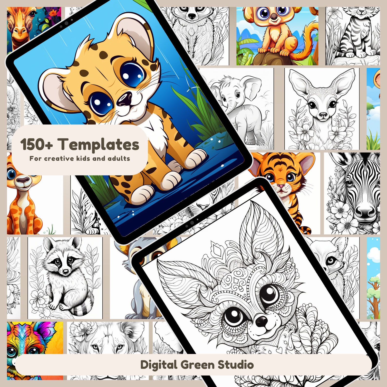 150 Cute Animals Coloring Pages, Adult & Kids Coloring Book, Big Eyes ...