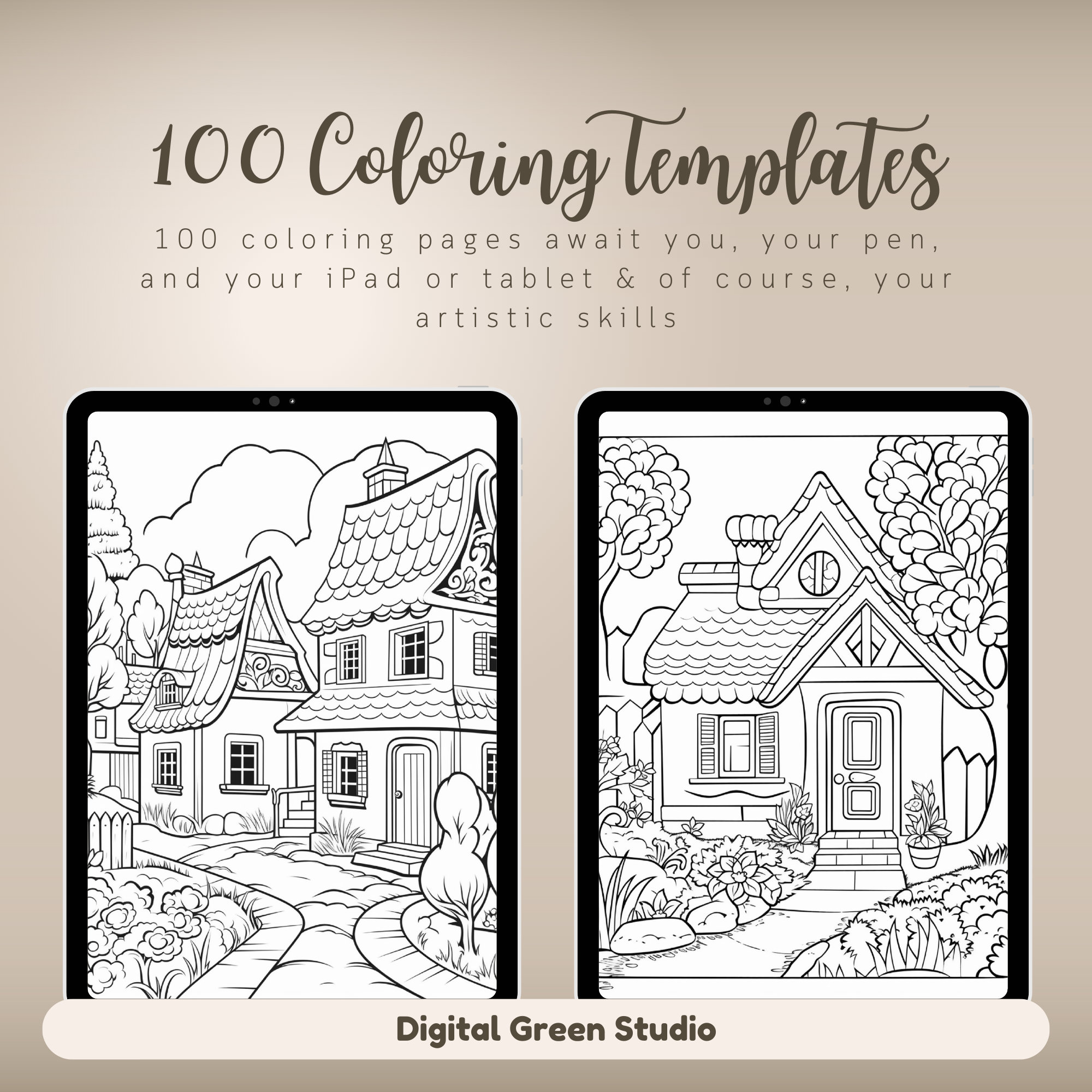 100 Village Houses Coloring Pages, Digital Adult Coloring Book, Small ...