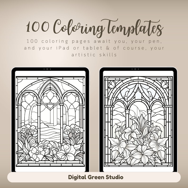 100 Stained Glass Coloring Pages, Landscape Adult Coloring Book, Simple ...