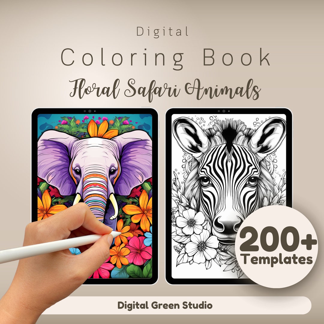 200 Floral Safari Animal Coloring Book Pages, Adult & Kids Coloring ...