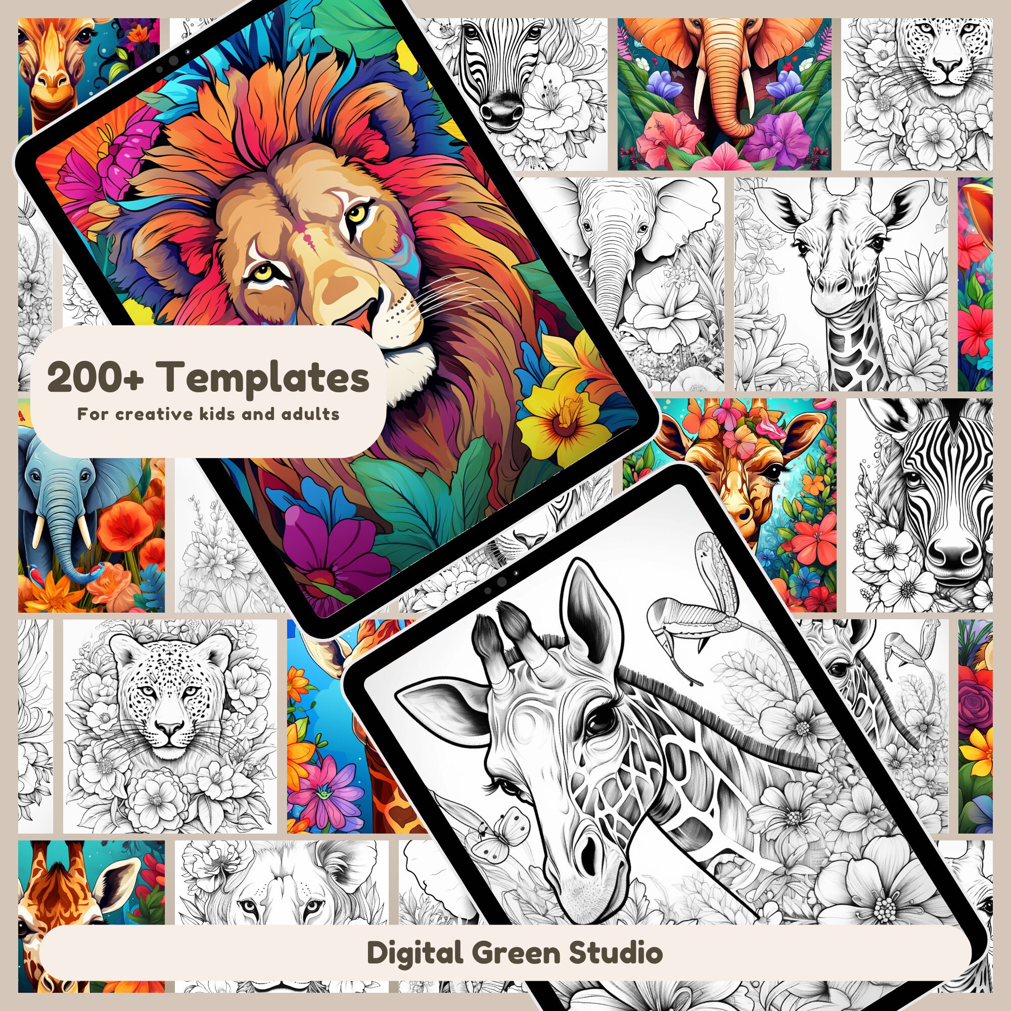 200 Floral Safari Animal Coloring Book Pages, Adult & Kids Coloring ...