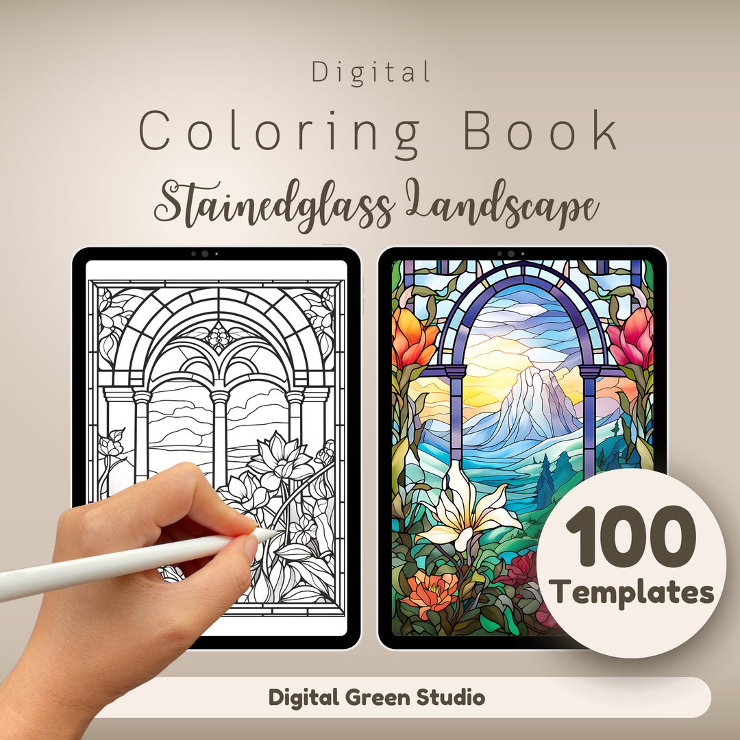 100 Stained Glass Coloring Pages, Landscape Adult Coloring Book, Simple ...