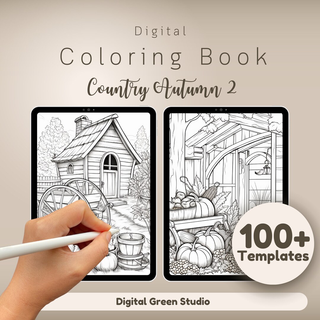 100 Coloring Pages, Autumn Adult Coloring Book, Simple Country Designs ...