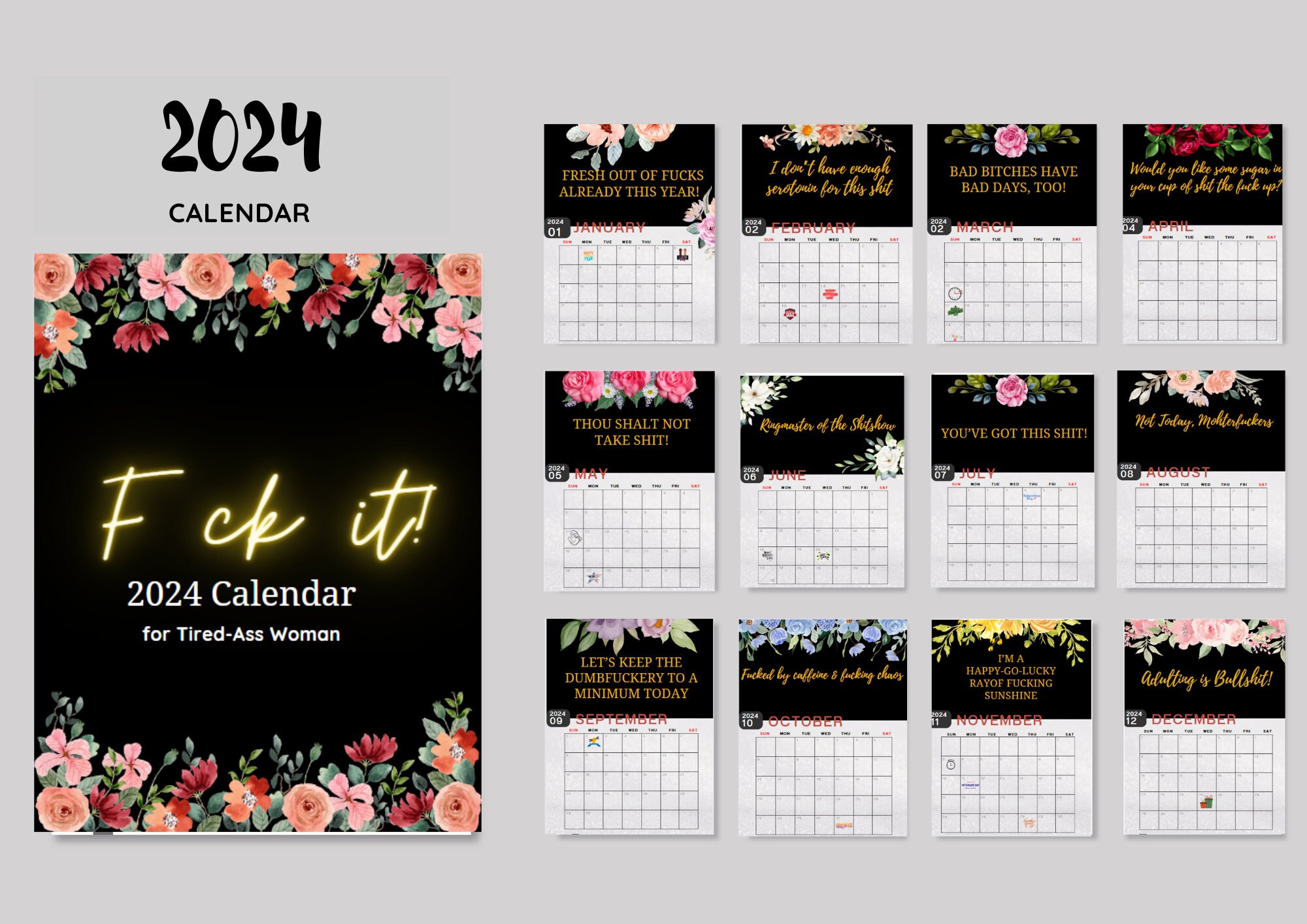 2024 Calendar Printable, 2024 Digital Calendar, 2024 Swear Calendar ...
