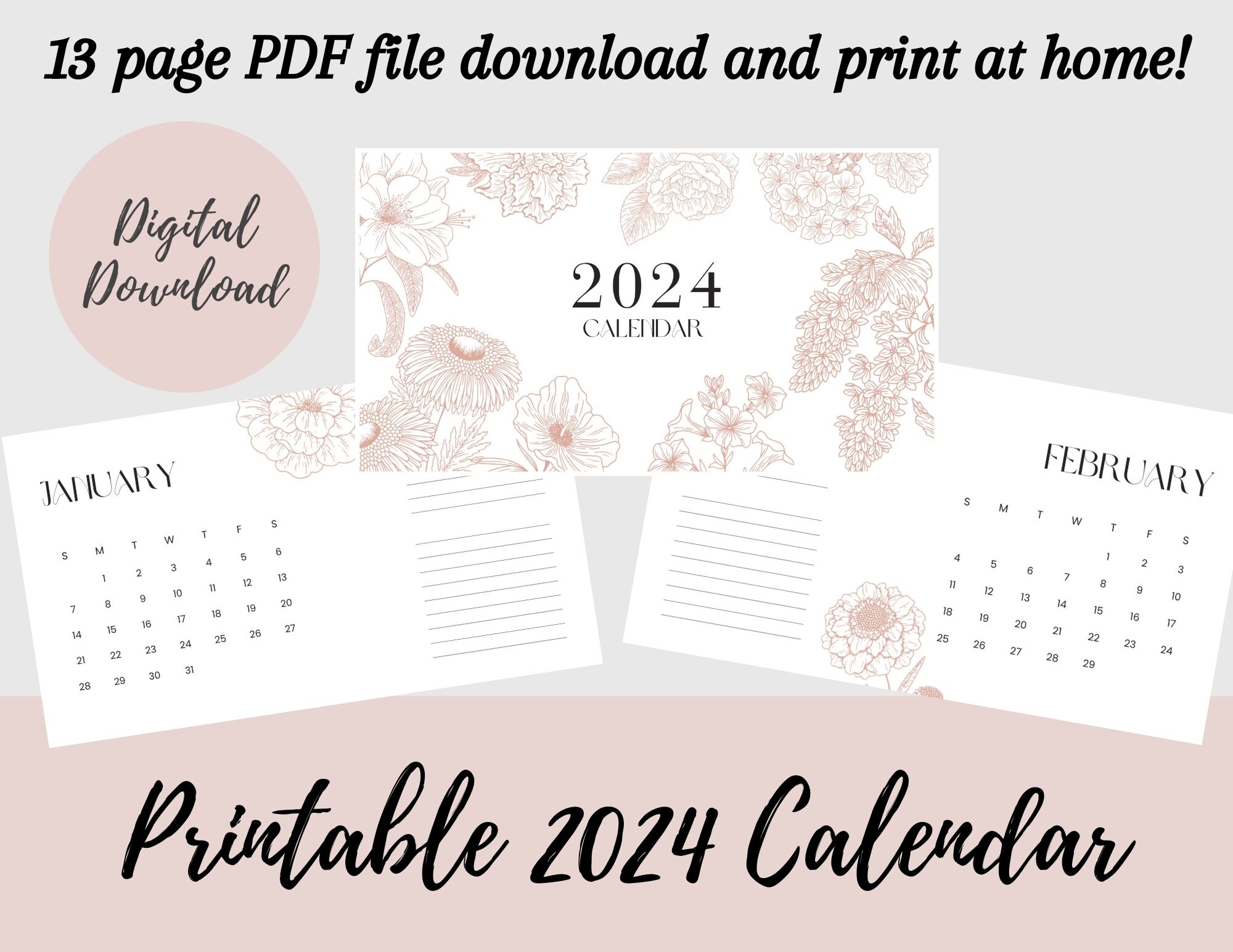 Printable Minimalist Floral 2024 Calendar Instant Download and Print - Etsy