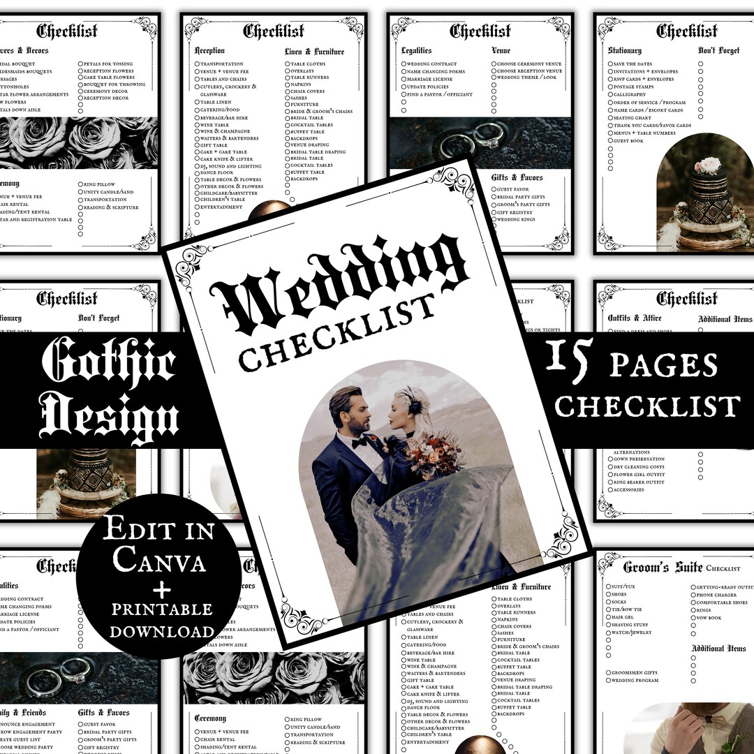 Wedding Checklist Gothic Printable Goth Wedding Planner Checklist Black ...