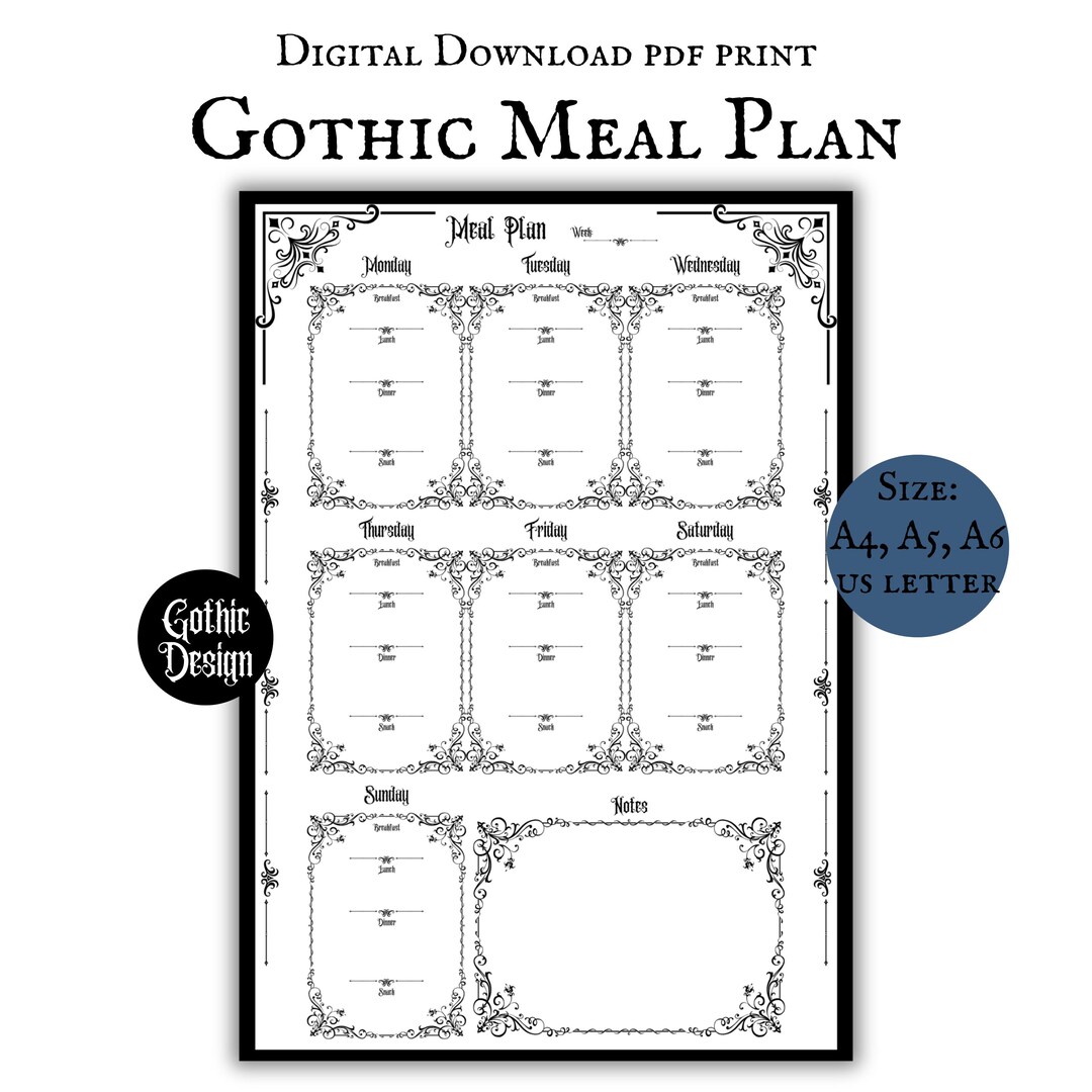 Gothic Meal Planner Page Printable Download Minimalistic Goth Core ...