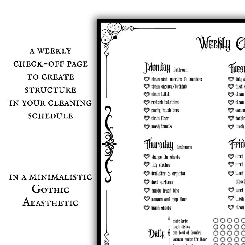 Gothic Cleaning Checklist Printable PDF Pages Daily Weekly Cleaning ...