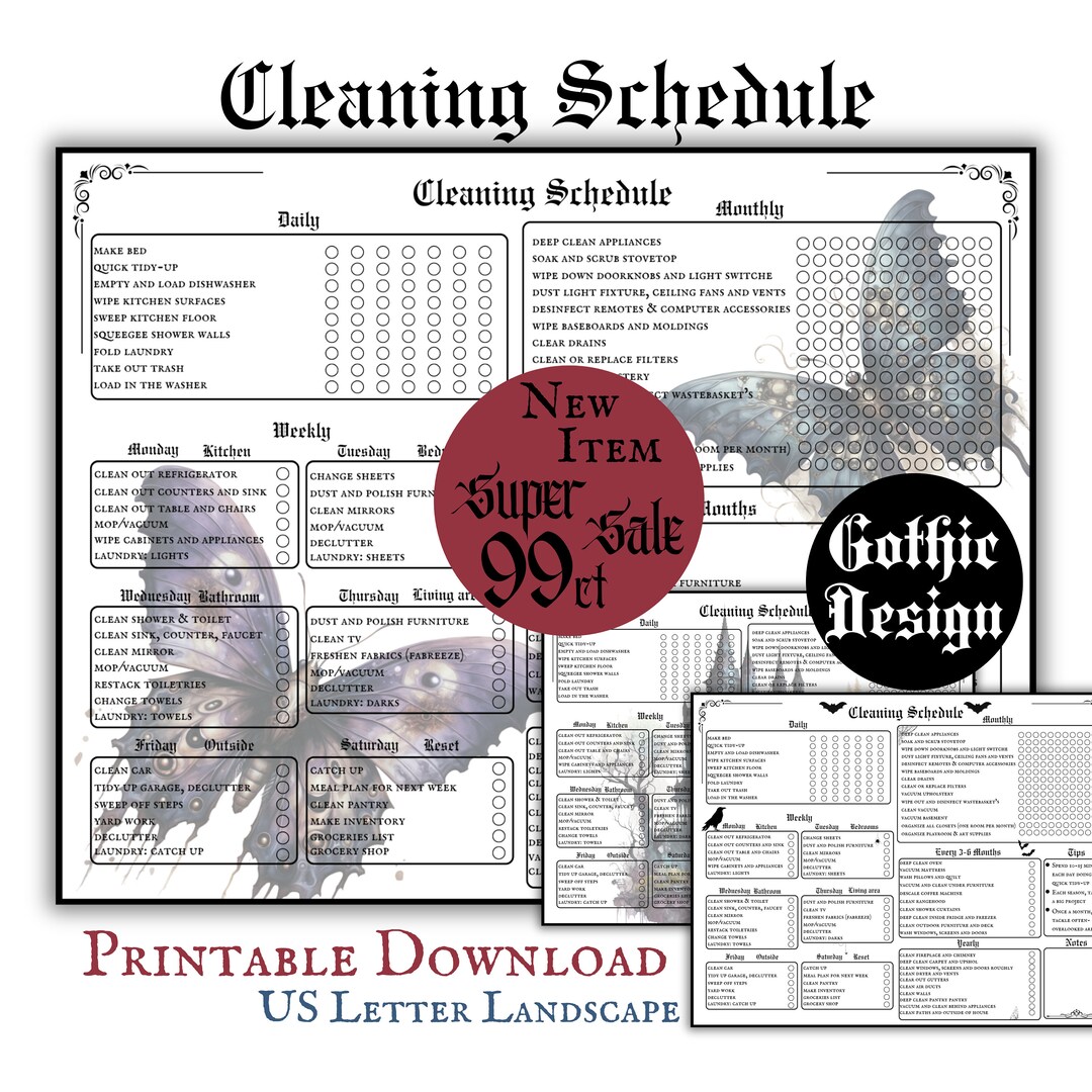 Gothic Cleaning Schedule Printable PDF Pages Daily Weekly Yearly ...
