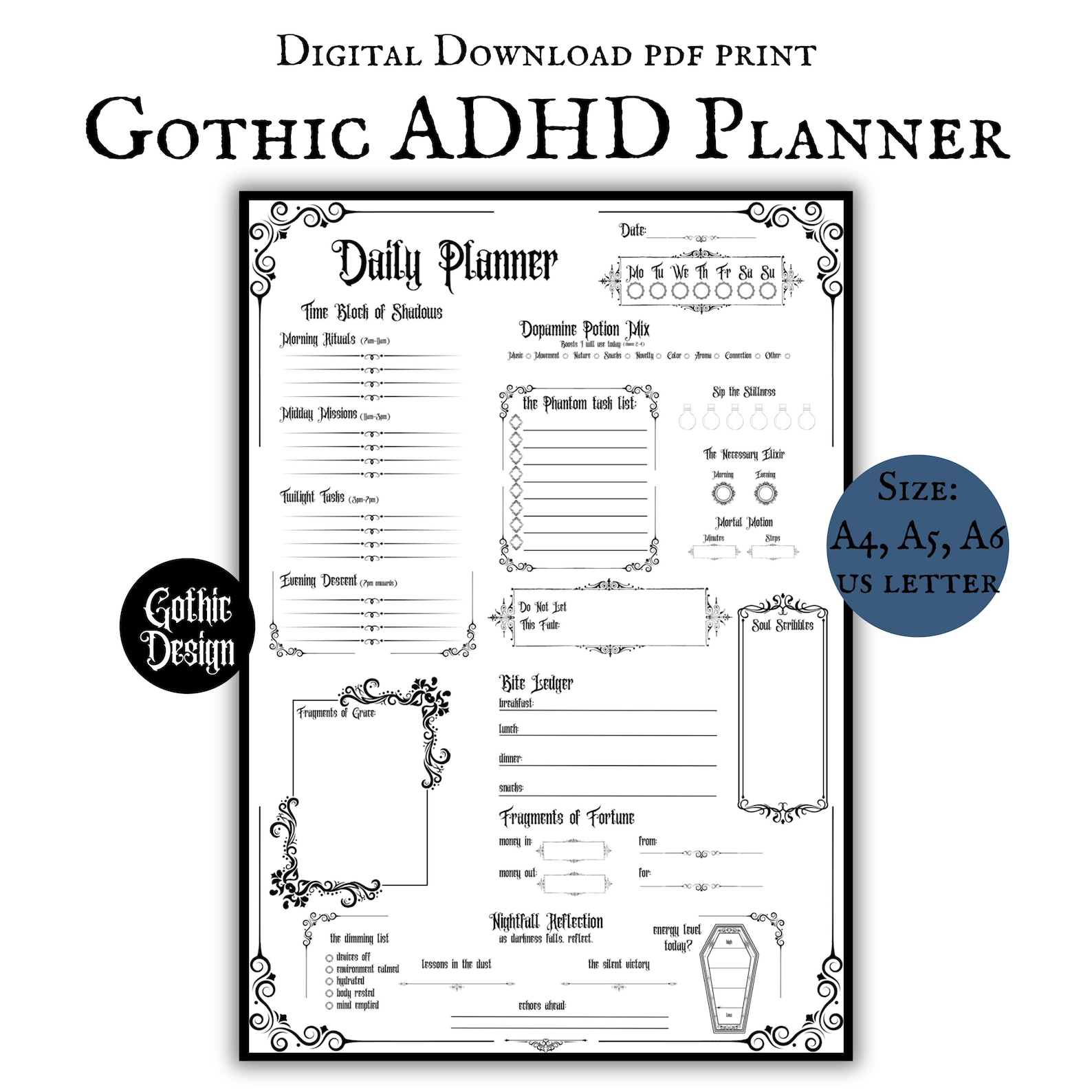 Gothic ADHD Daily Planner Printable Download Organized Planner Gothic ...