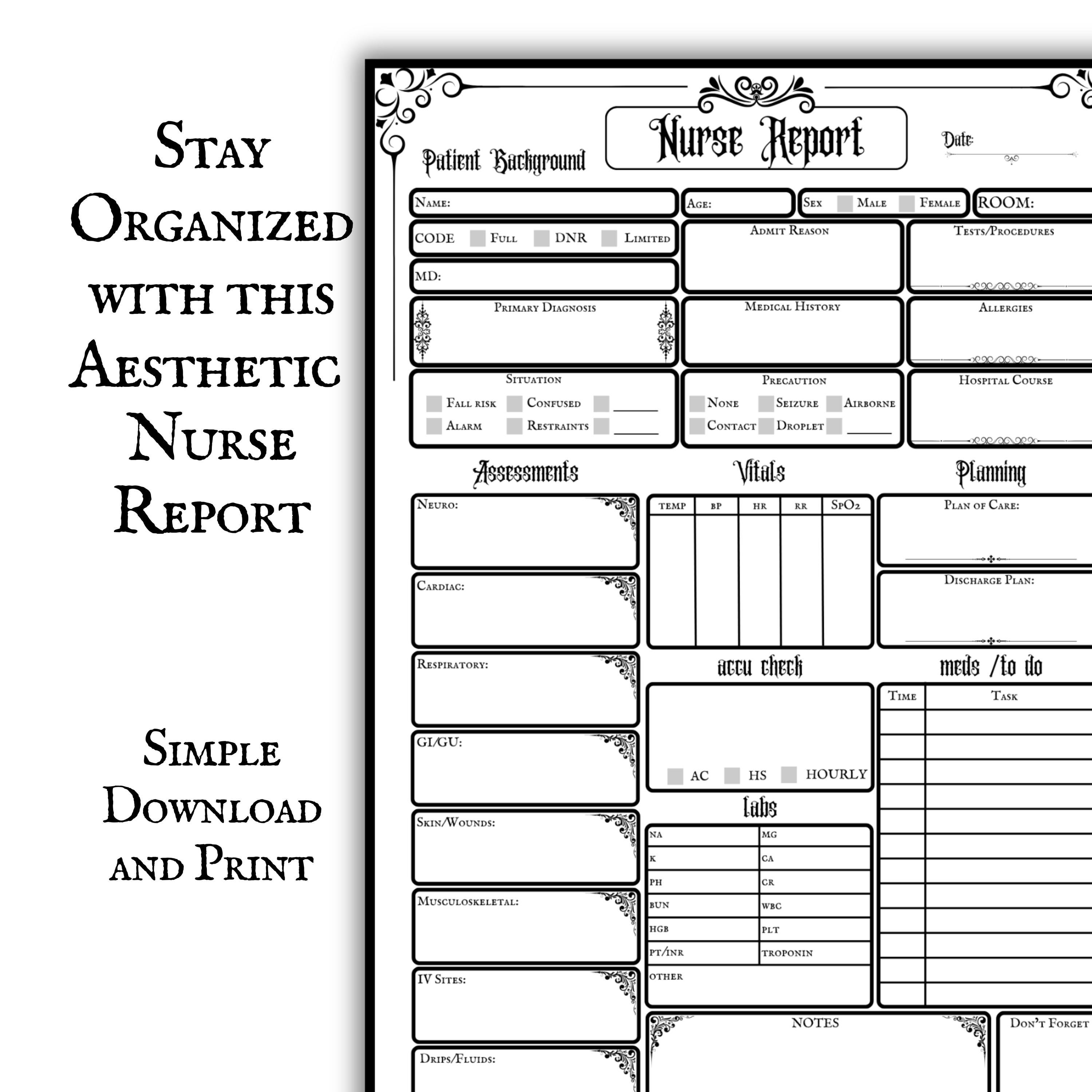Gothic Nurse Report Sheet Digital Printable Pdf Download Patient Log ...