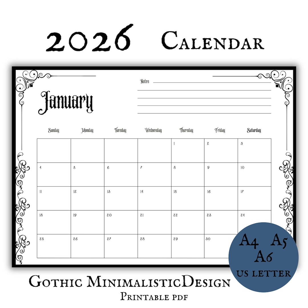 Gothic 2026 Monthly Calendar Landscape Pagan Calendar Digital Download ...