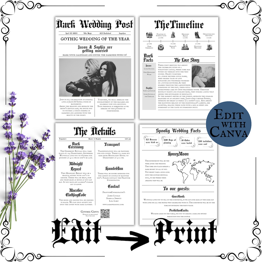 Gothic Wedding Invitation Wedding Newspaper Template Timeline DIY ...