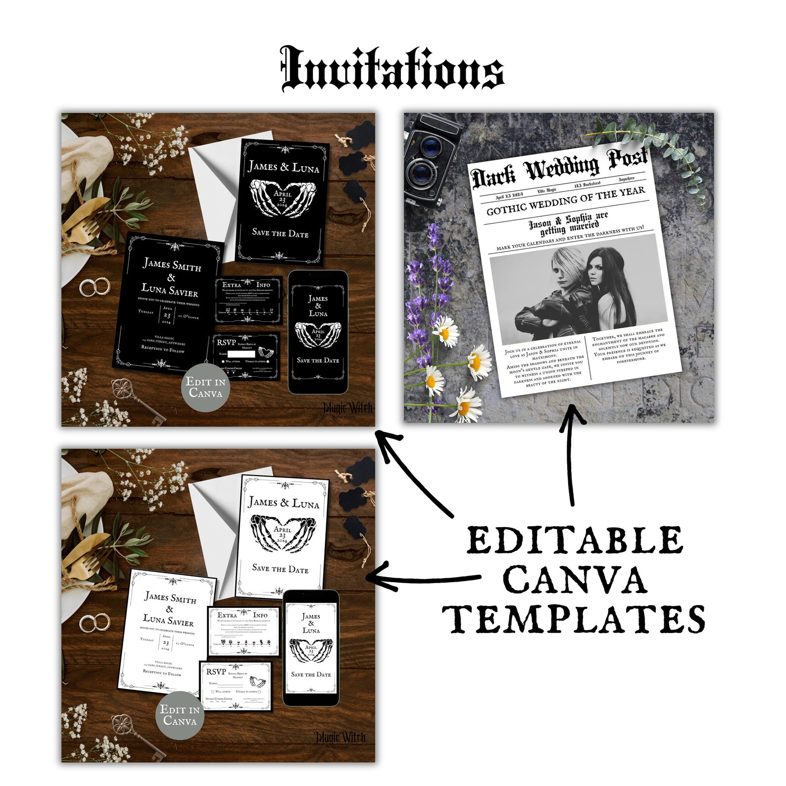 Gothic Wedding Bundle Editable Templates and PDF Downloads for a Dark ...
