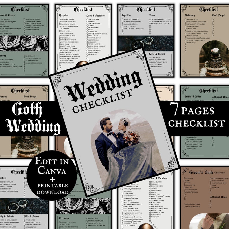 Wedding Checklist Gothic Printable Goth Wedding Planner Checklist Black ...