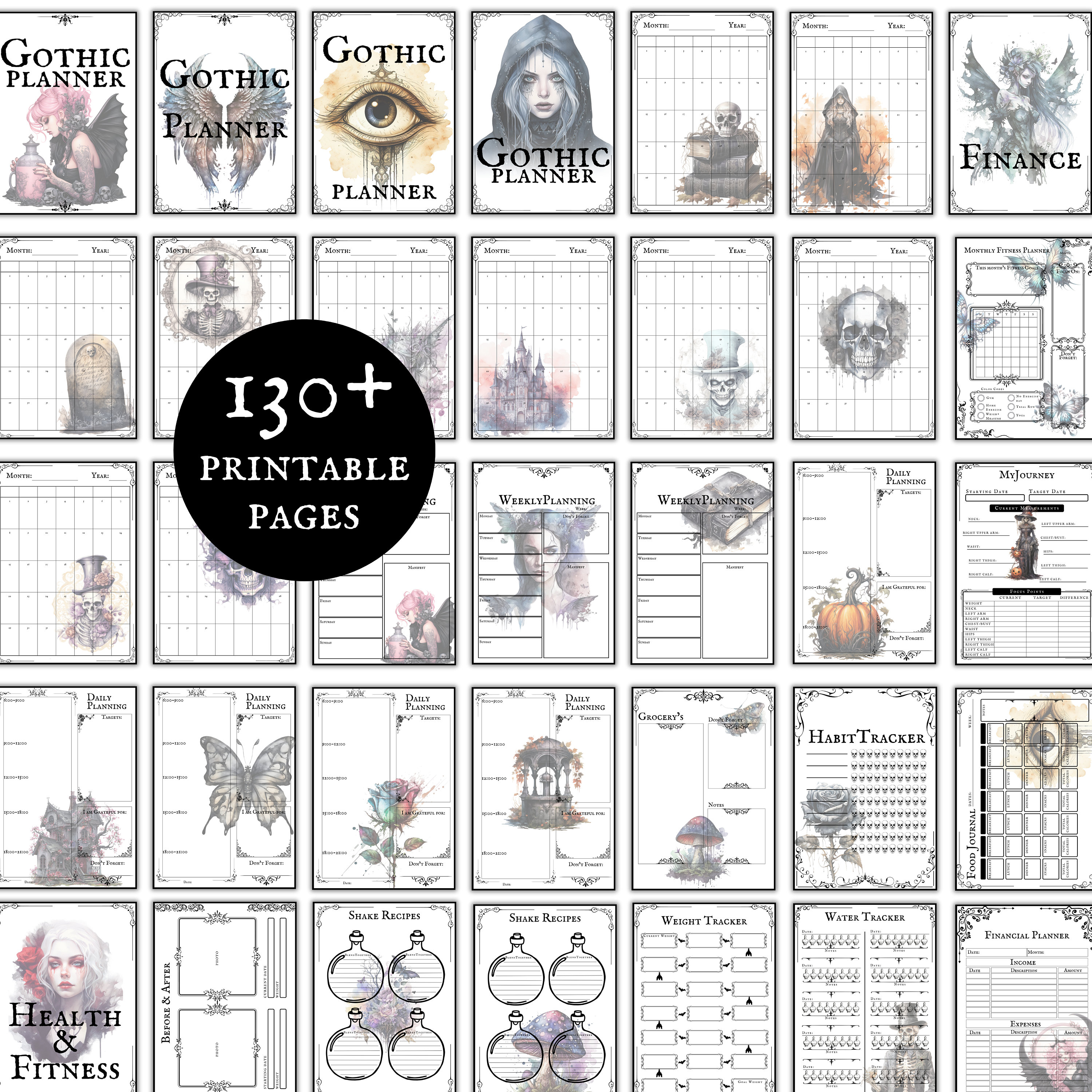 Gothic Planner Pages Undated PDF Printable Download Bundle US Letter ...