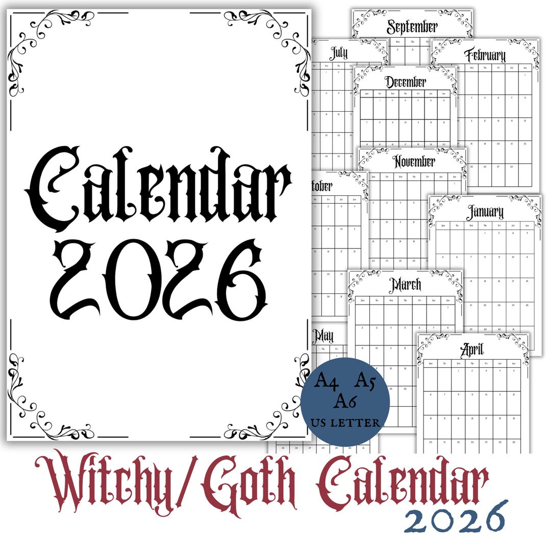 2026 Monthly Gothic Calendar Printable Downloadable Planner Pages ...